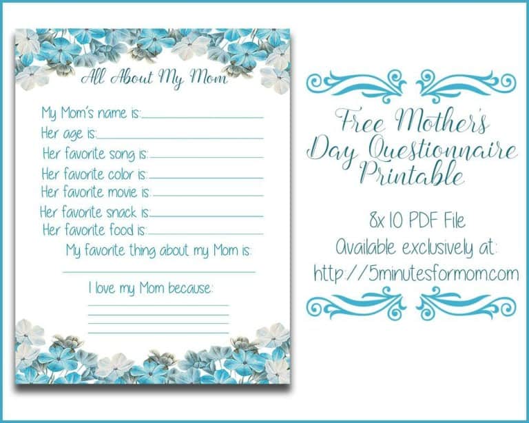 All About My Mom Questionnaire - Free Printable for Mother's Day
