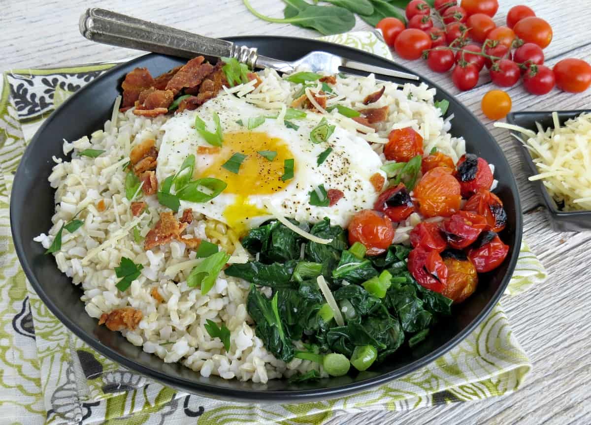 Hearty Rice Bowl with Roasted Tomatoes, Bacon & Spinach Recipe